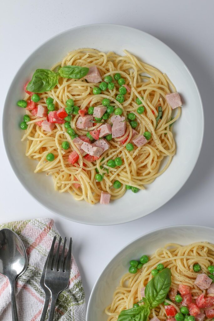 Creamy Ham Pasta with Peas & Tomatoes - Good Cheap Eats